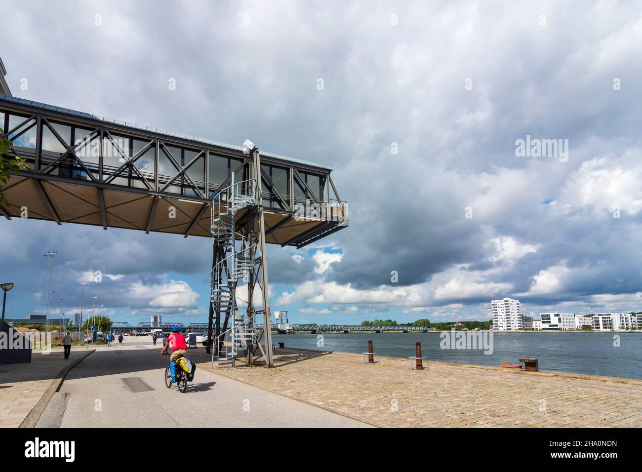 Aalborg: fjord Limfjord, waterfront, cyclists, in Aalborg, Jylland ...