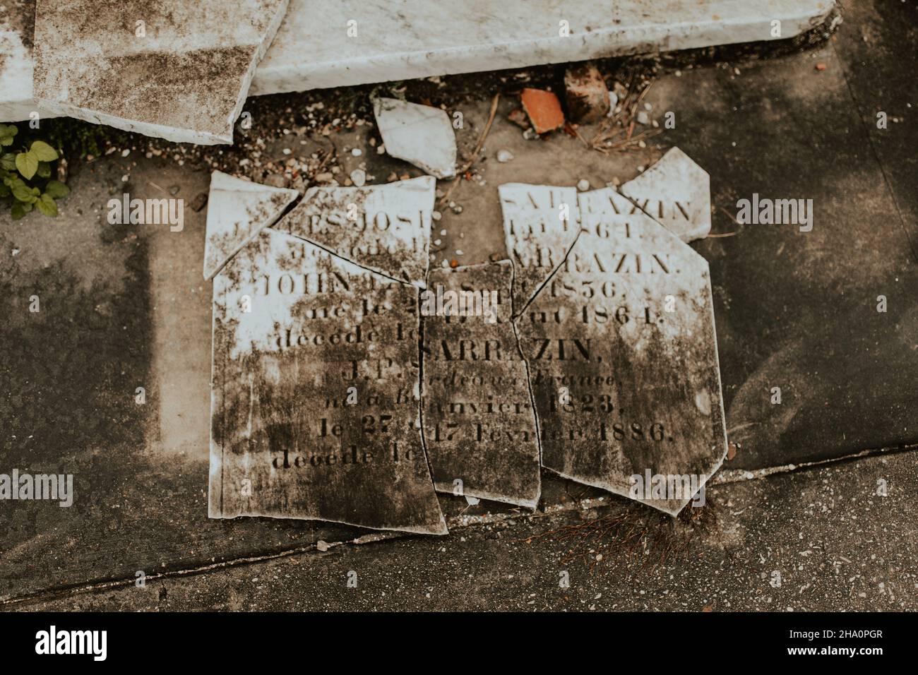 Broken headstone put back together in a New Orleans cemetery Stock ...