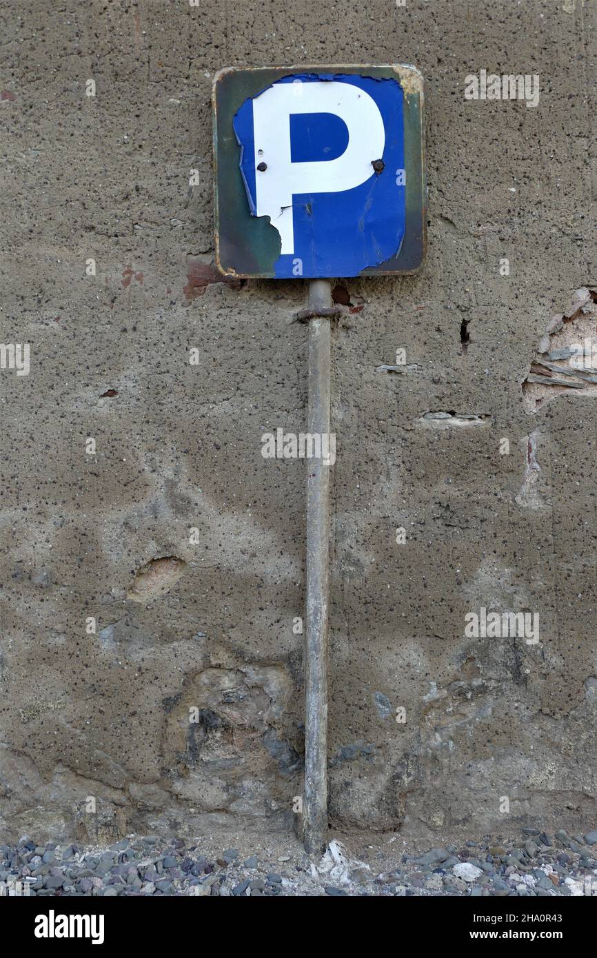 Old Parking Lot Traffic Sign From GDR-Times On Wall Stock Photo - Alamy
