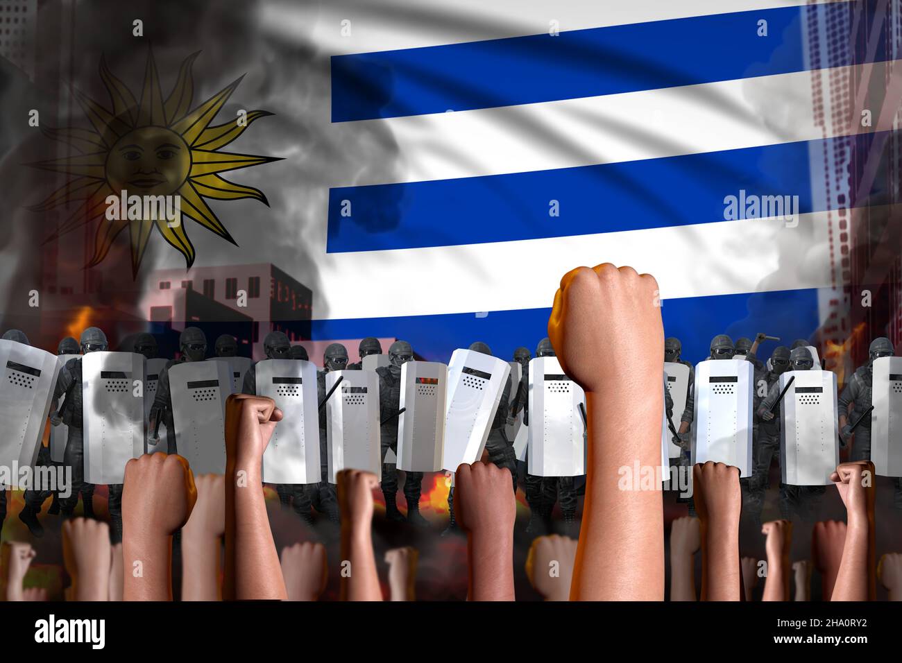 mutiny fighting concept - protest in Uruguay on flag background, police ...