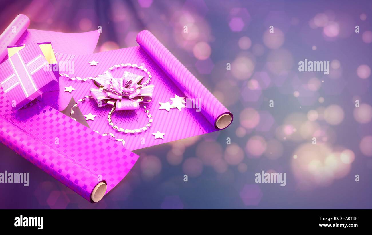 purple present wrapping paper and gift box on bright backdrop ...