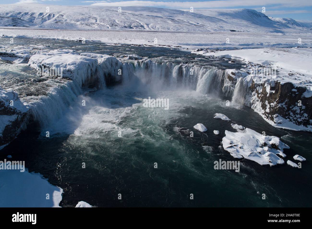 frozen waterfall from aerial view named Godafoss Stock Photo - Alamy