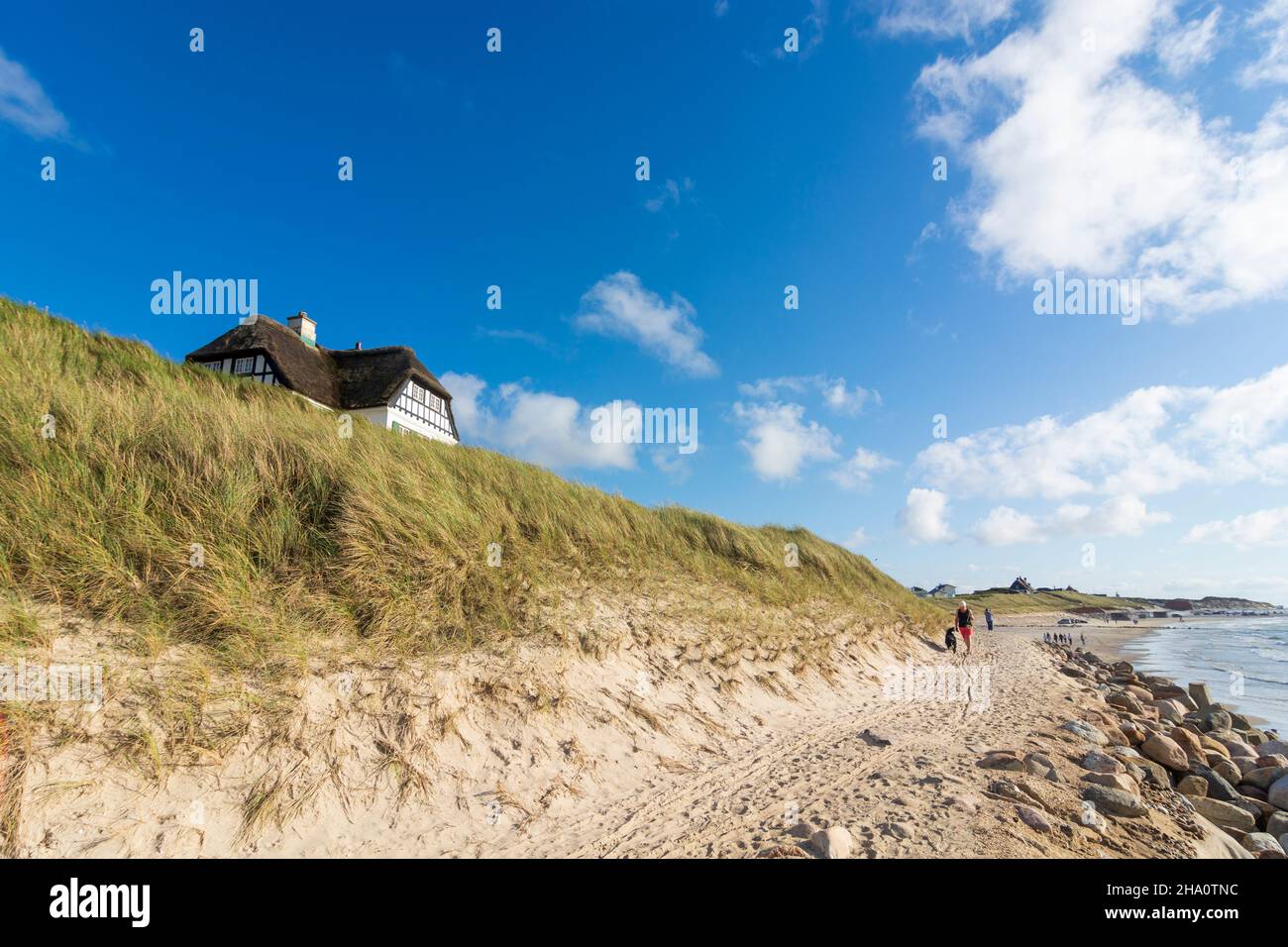 Hjoerring: beach, sea, half-timbered thatched roof house, woman with ...