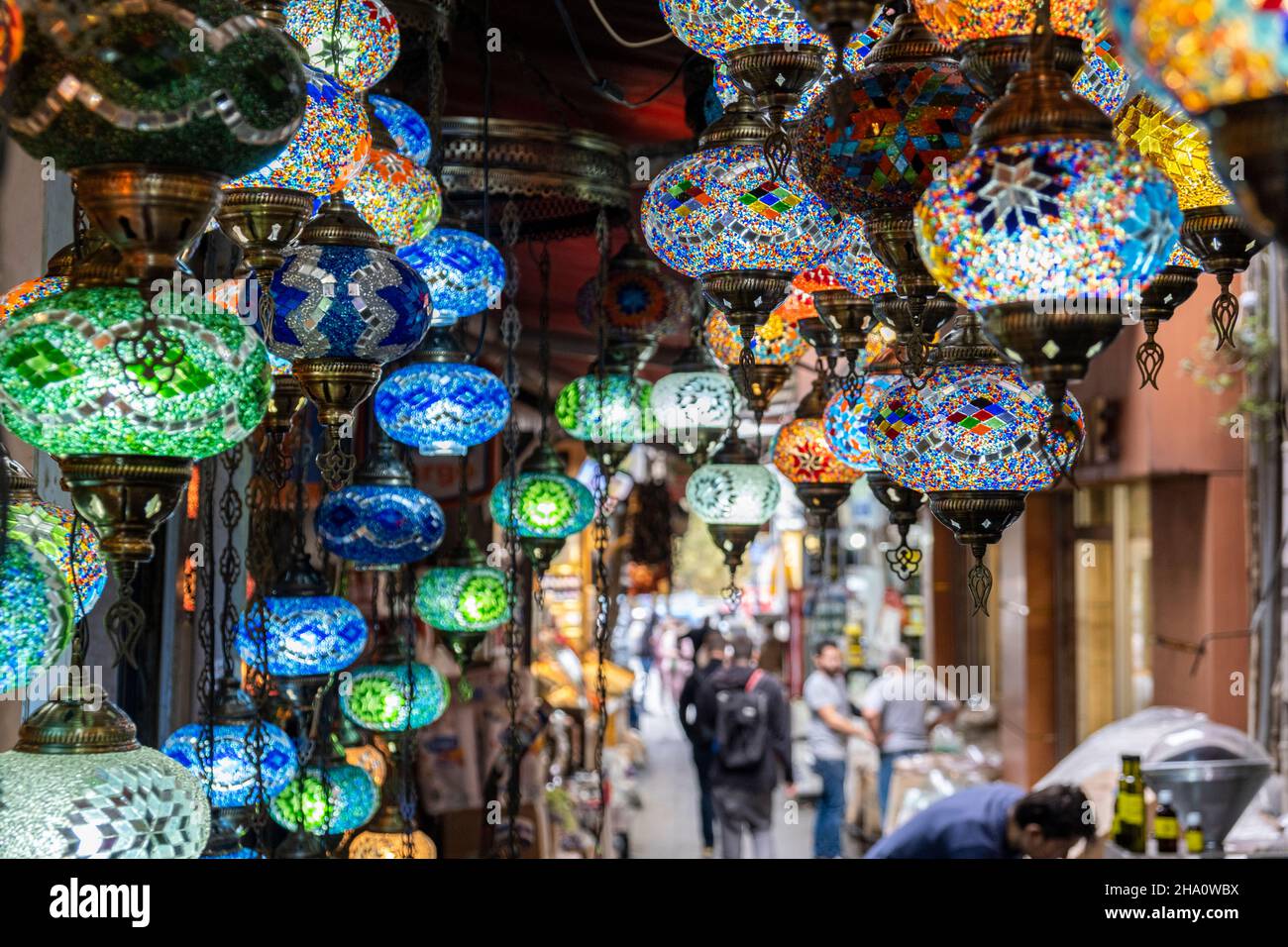 Turkish traditional colorful lamps in historic Grand Bazaar in Istanbul ...