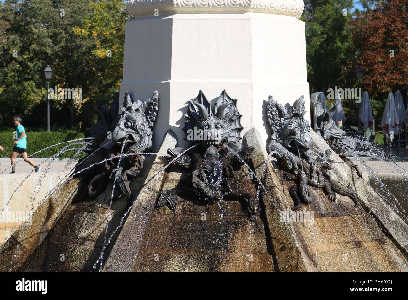 Dragons at the bottom of the Fallen Angel statue in Retiro Park, Madrid ...