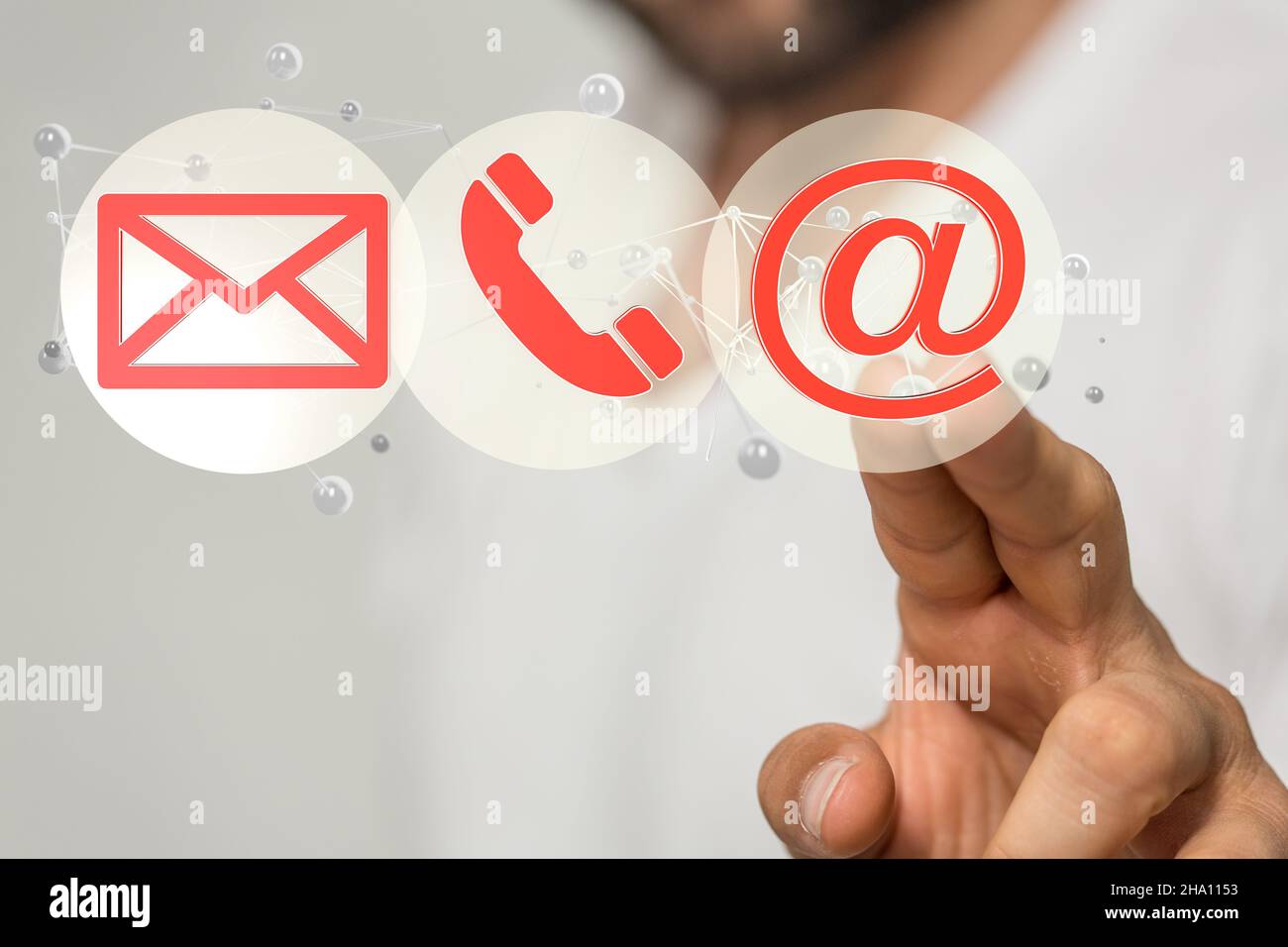 3D rendering of a hand touching MESSAGE, PHONE, and EMAIL icons Stock ...