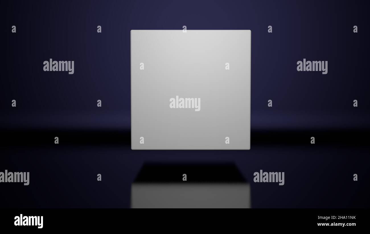 3d empty background. White empty square in zero gravity on a dark blue ...