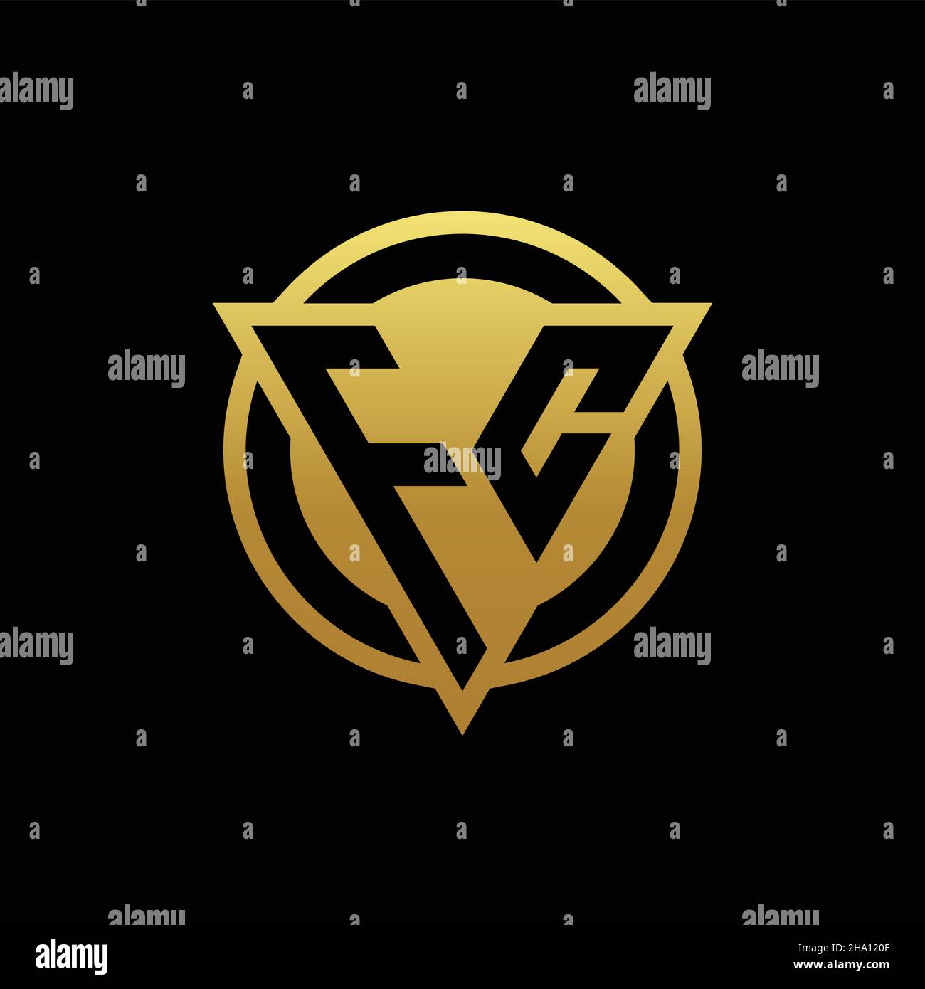 FC logo monogram with triangle shape and circle rounded style isolated on gold colors and black ...