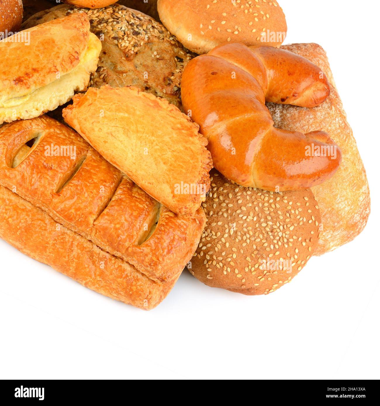 Bread and bakery products isolated on white background. Free space for ...