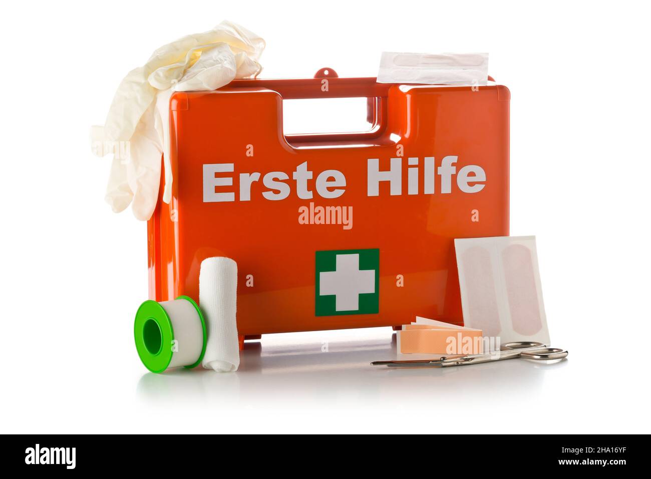 German "Erste Hilfe" (first aid) medical kit box with scissors, bandage ...