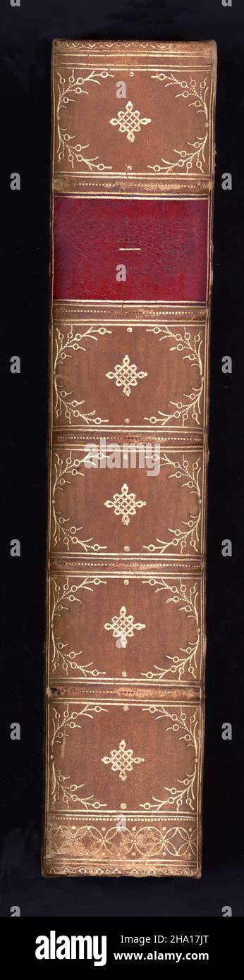 This photo shows tha back binding of a rare leather-bound book that was ...