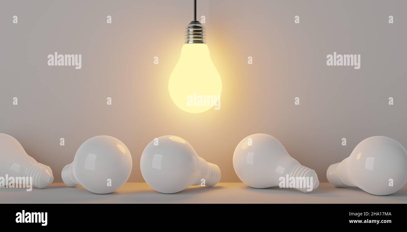 Single glowing lightbulb on top of white bulbs over bright background ...