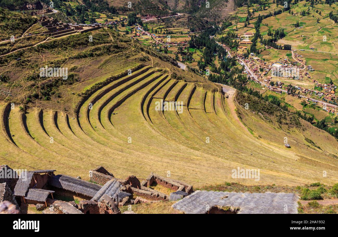 Ancient Incan farm terraces on the mountain slope, Pisac, Peru Stock ...