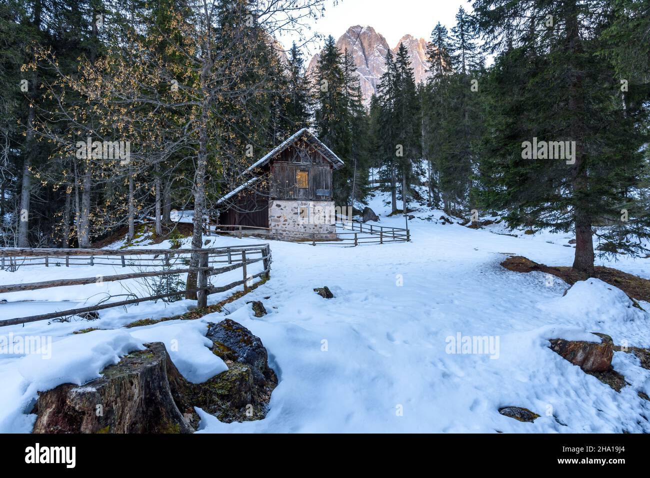Traditional alpine barn in a snowy forest with rocky peaks in ...