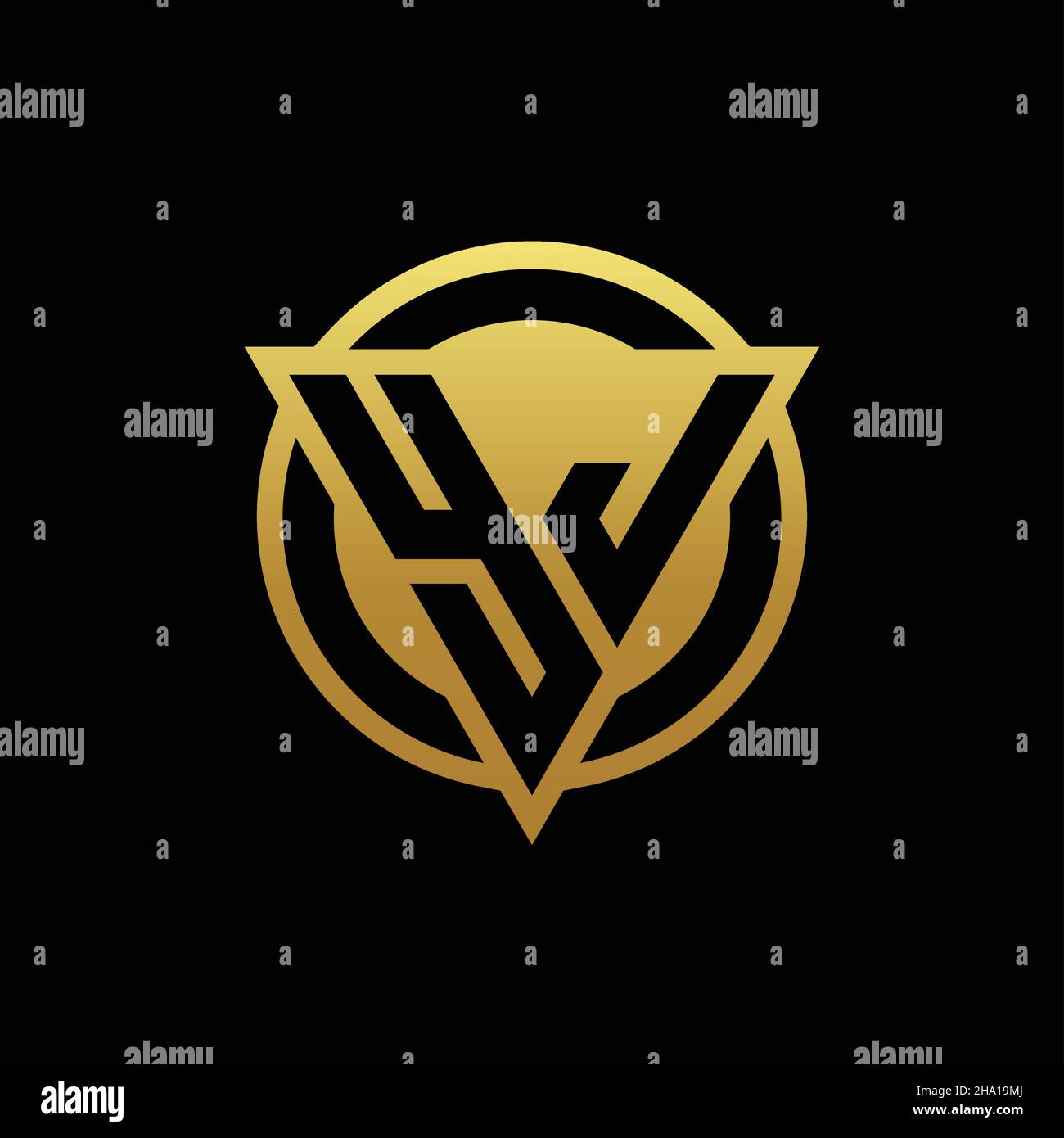 YJ logo monogram with triangle shape and circle rounded style isolated on gold colors and black ...