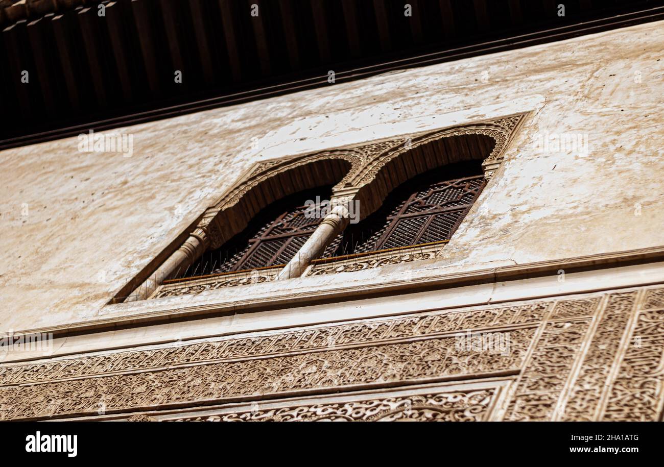 Architectural details of the Alhambra palace external view in Granada ...