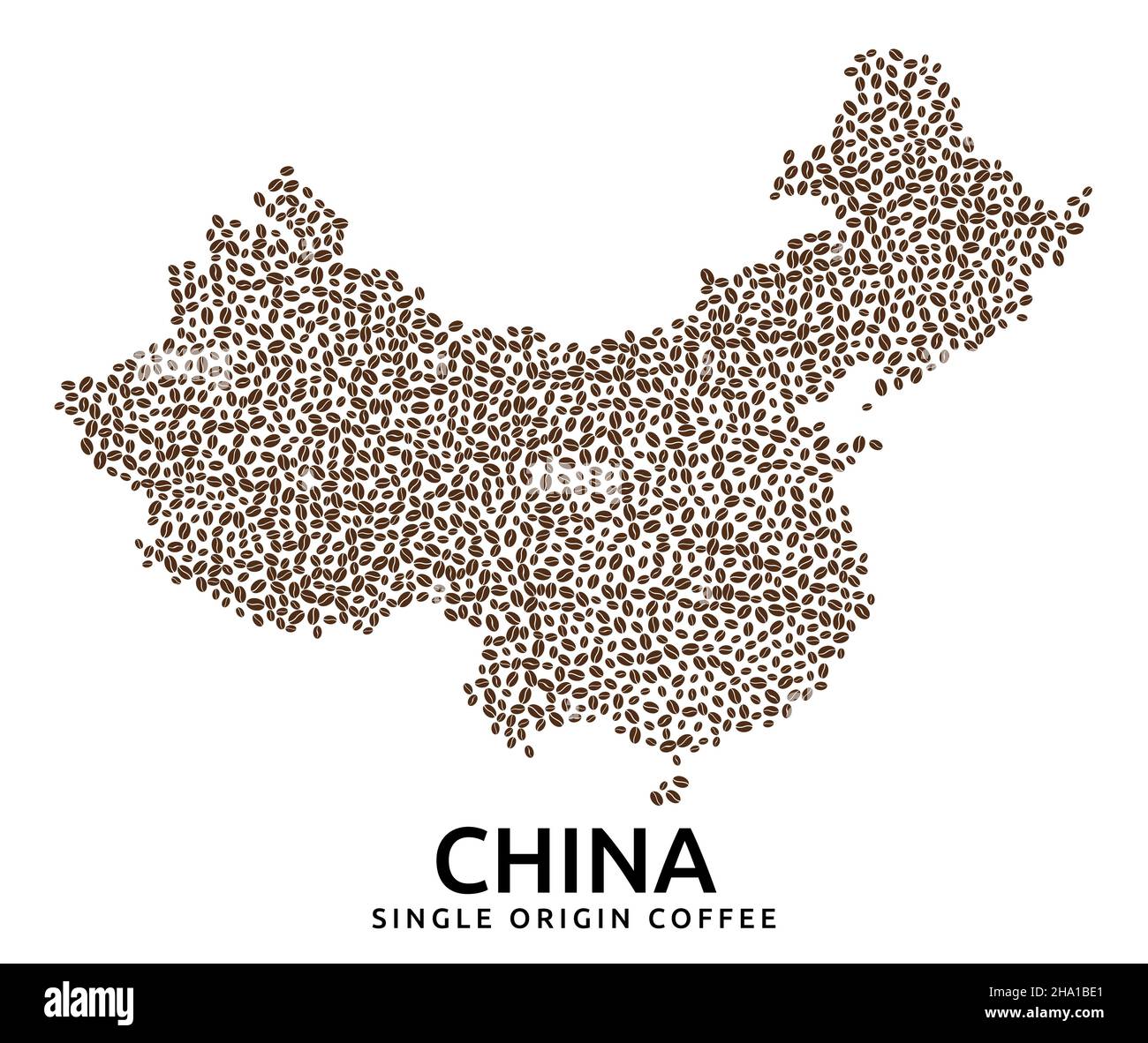 Shape of China map made of scattered coffee beans, country name below ...