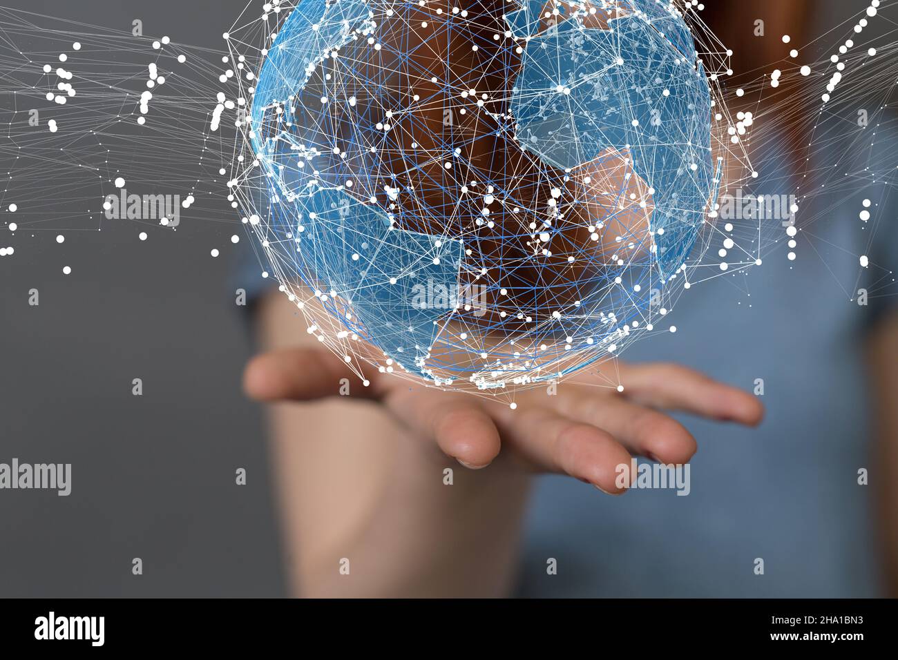 3D rendered futuristic globe with data connected to each other held in ...