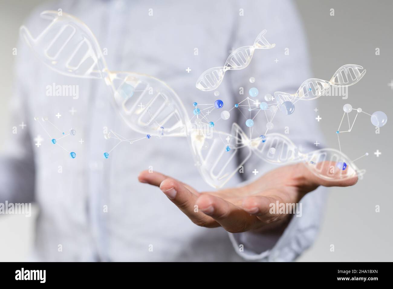 3D rendered DNA hologram on a person's hand Stock Photo - Alamy