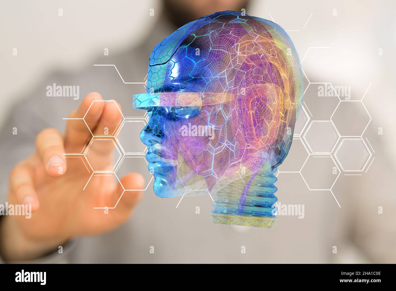 Person's hand touching the visualized artificial intelligence Stock ... Person's hand touching the visualized artificial intelligence Stock ...