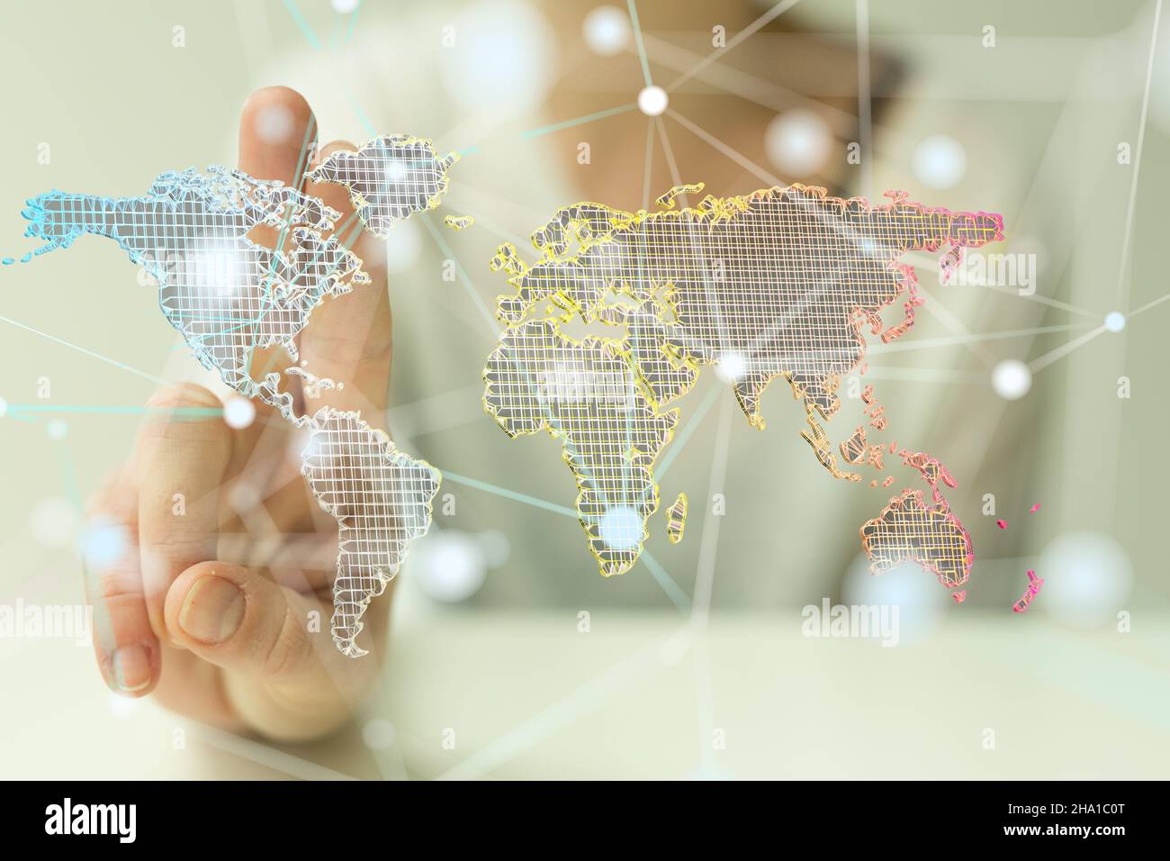 Person's hands touching the 3D rendered planet map Stock Photo - Alamy