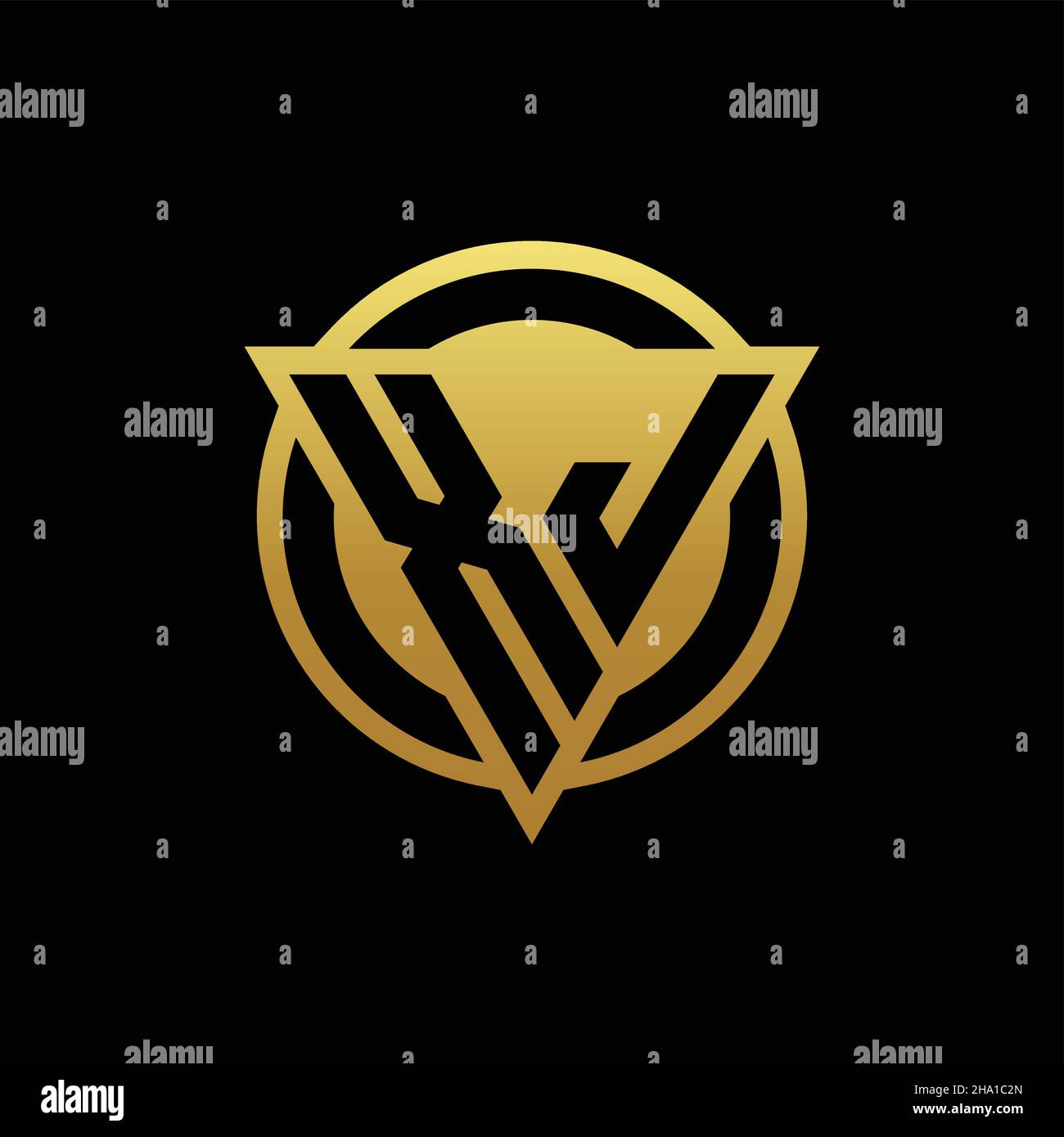 XJ logo monogram with triangle shape and circle rounded style isolated on gold colors and black ...