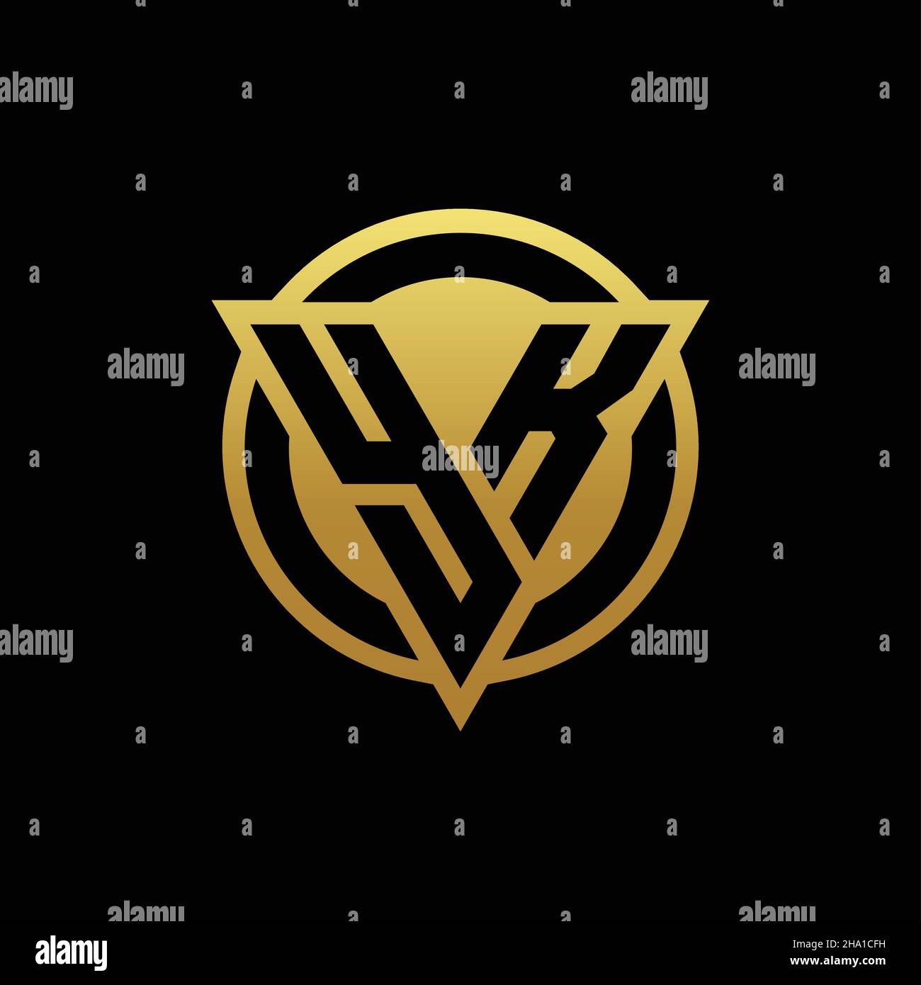 YK logo monogram with triangle shape and circle rounded style isolated on gold colors and black ...