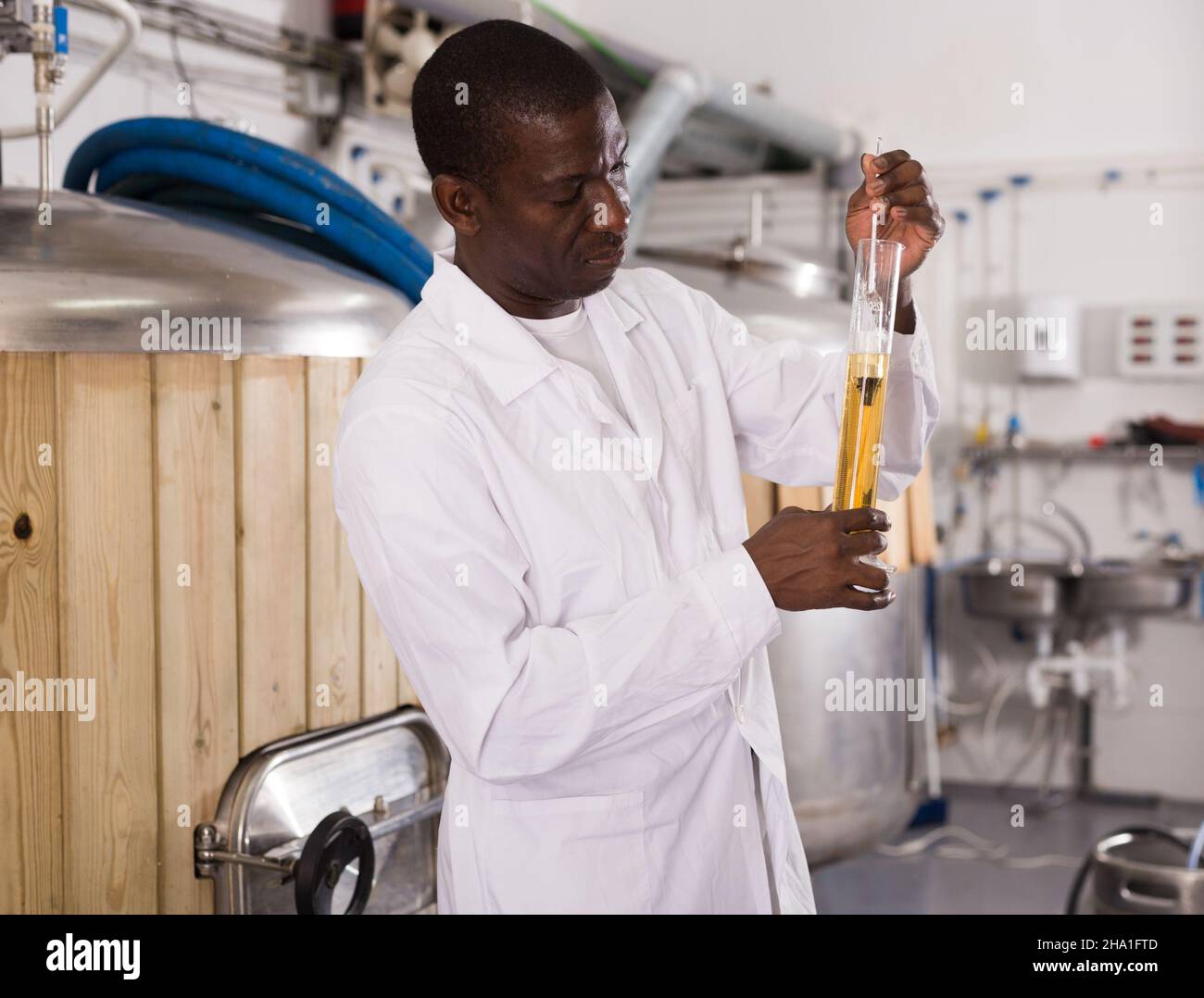 Young man brewer cin uniform hecking quality of beer in flask Stock ...