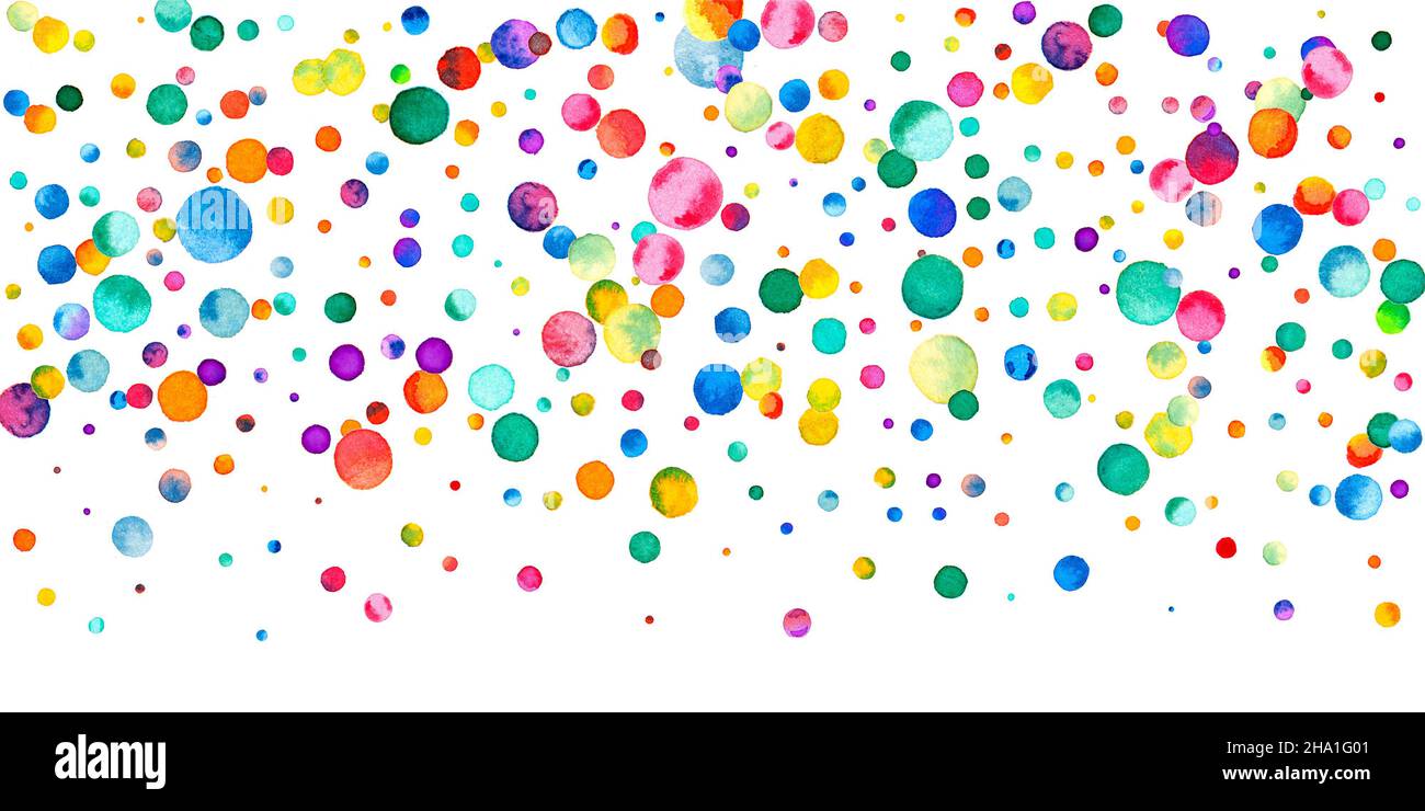 Watercolor confetti on white background. Alive rainbow colored dots ...