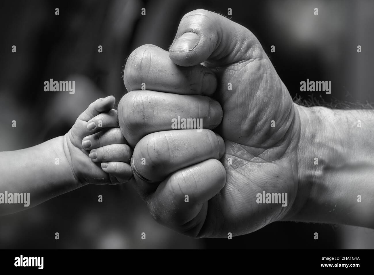 Grayscale closeup of a grown man's hand fist-bumping with a child's ...
