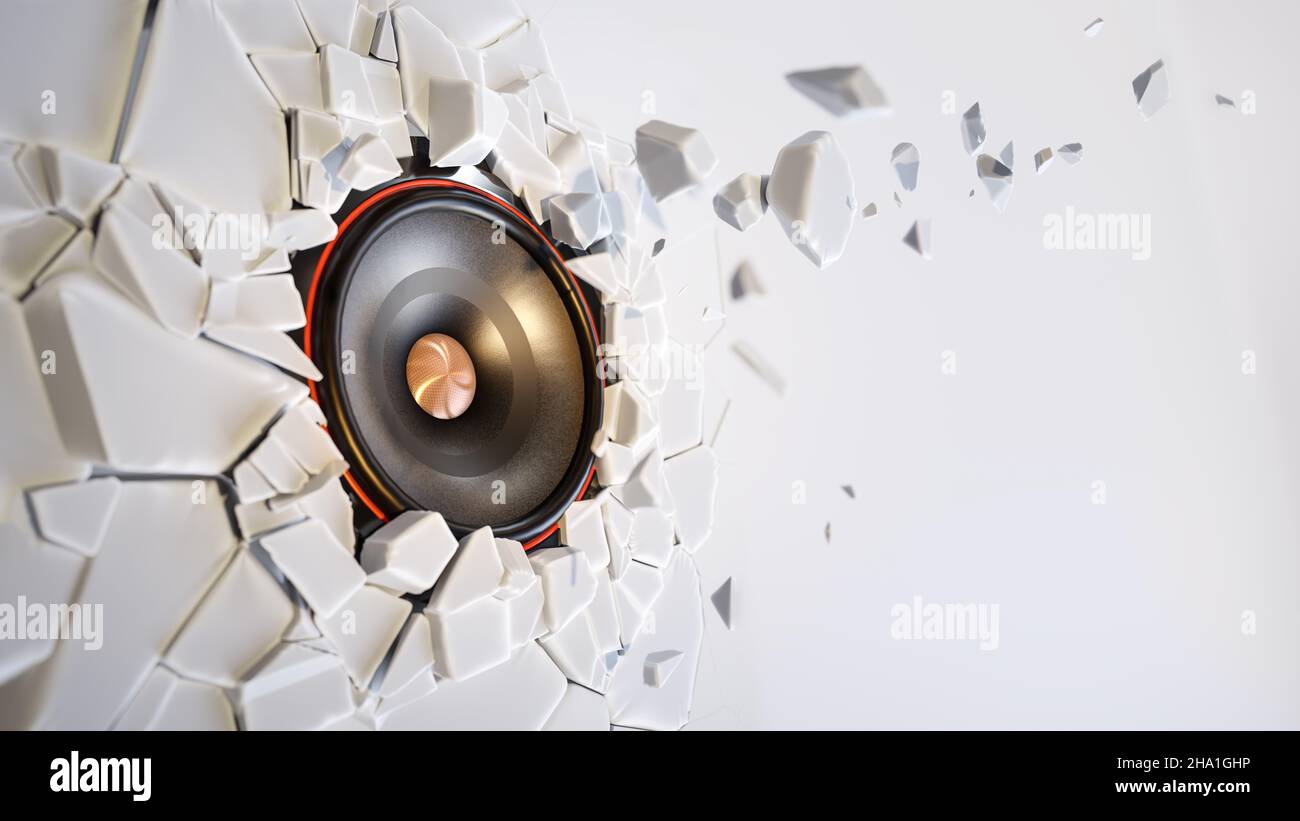 3D illustration of music speaker breaking through the wall Stock Photo ...