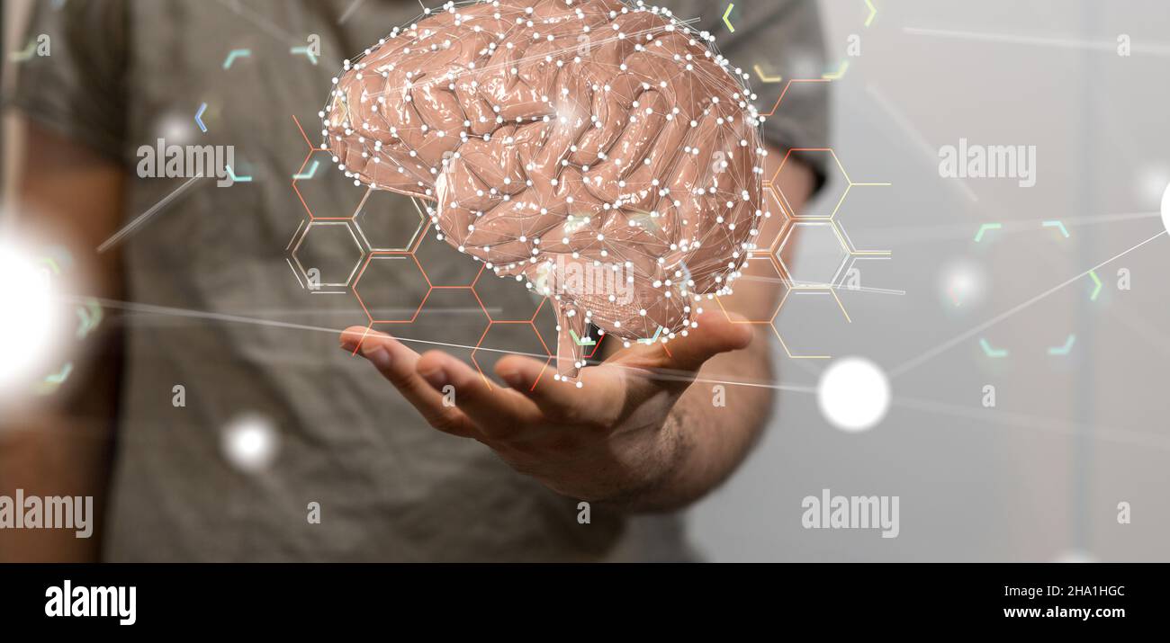 3D rendered brain hovering over the person's hand Stock Photo - Alamy