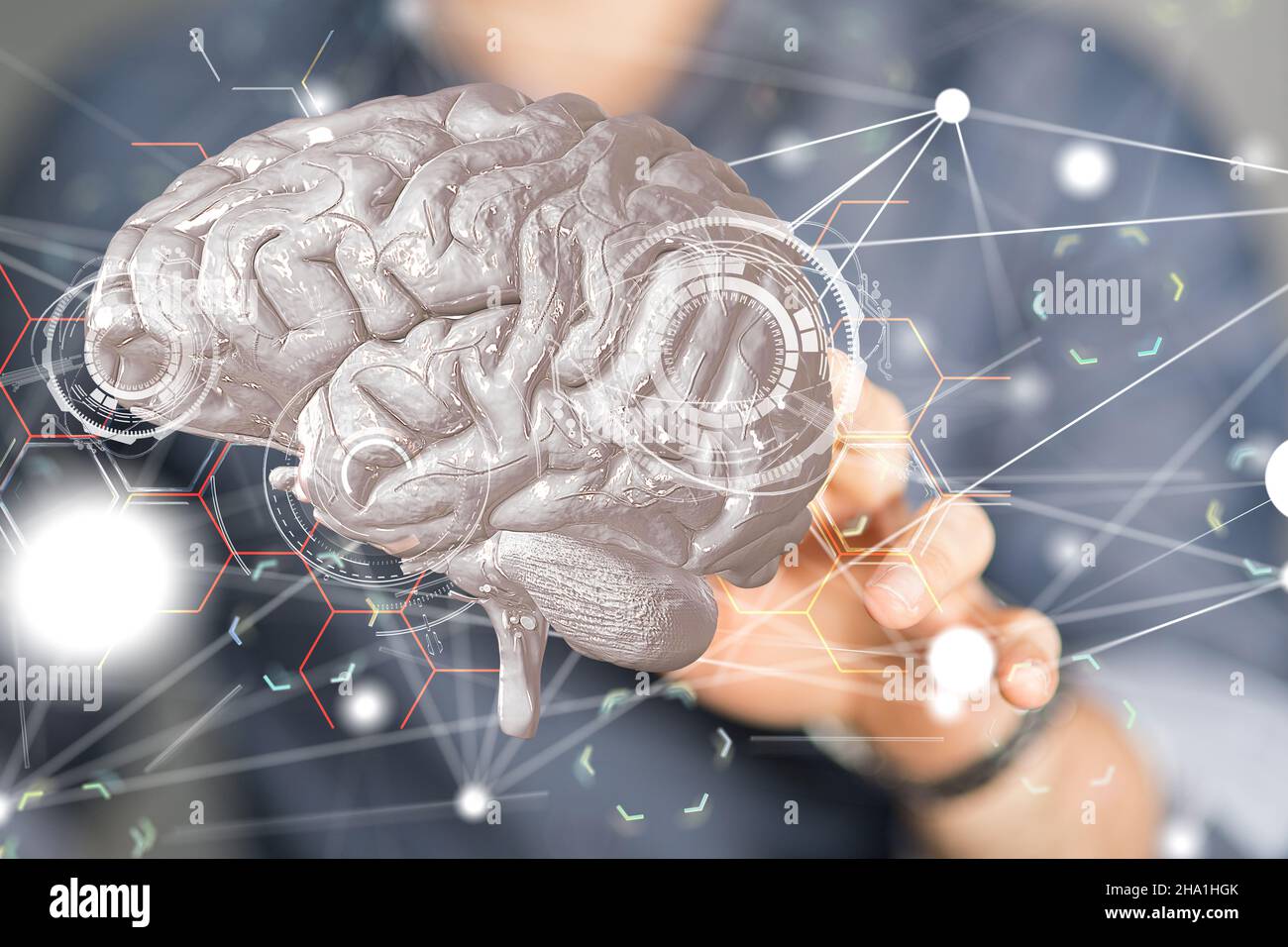 Male tapping on 3D rendered brain while holding a tablet Stock Photo ...