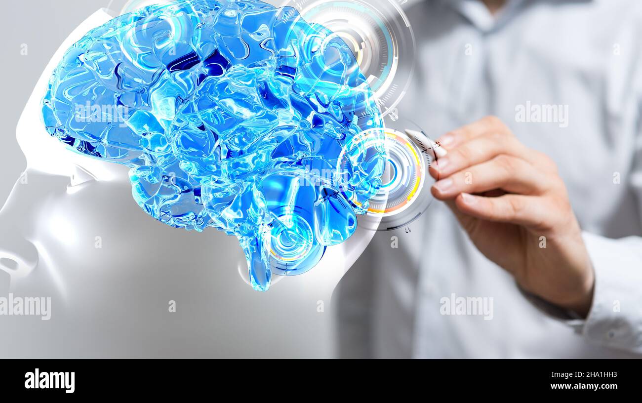 Man tapping on 3D rendered brain with a pen Stock Photo - Alamy