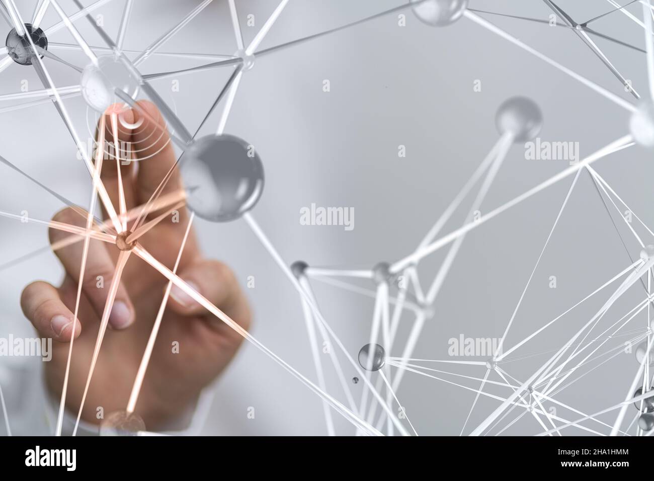 Man tapping on 3d rendered network connection dots and lines Stock ...