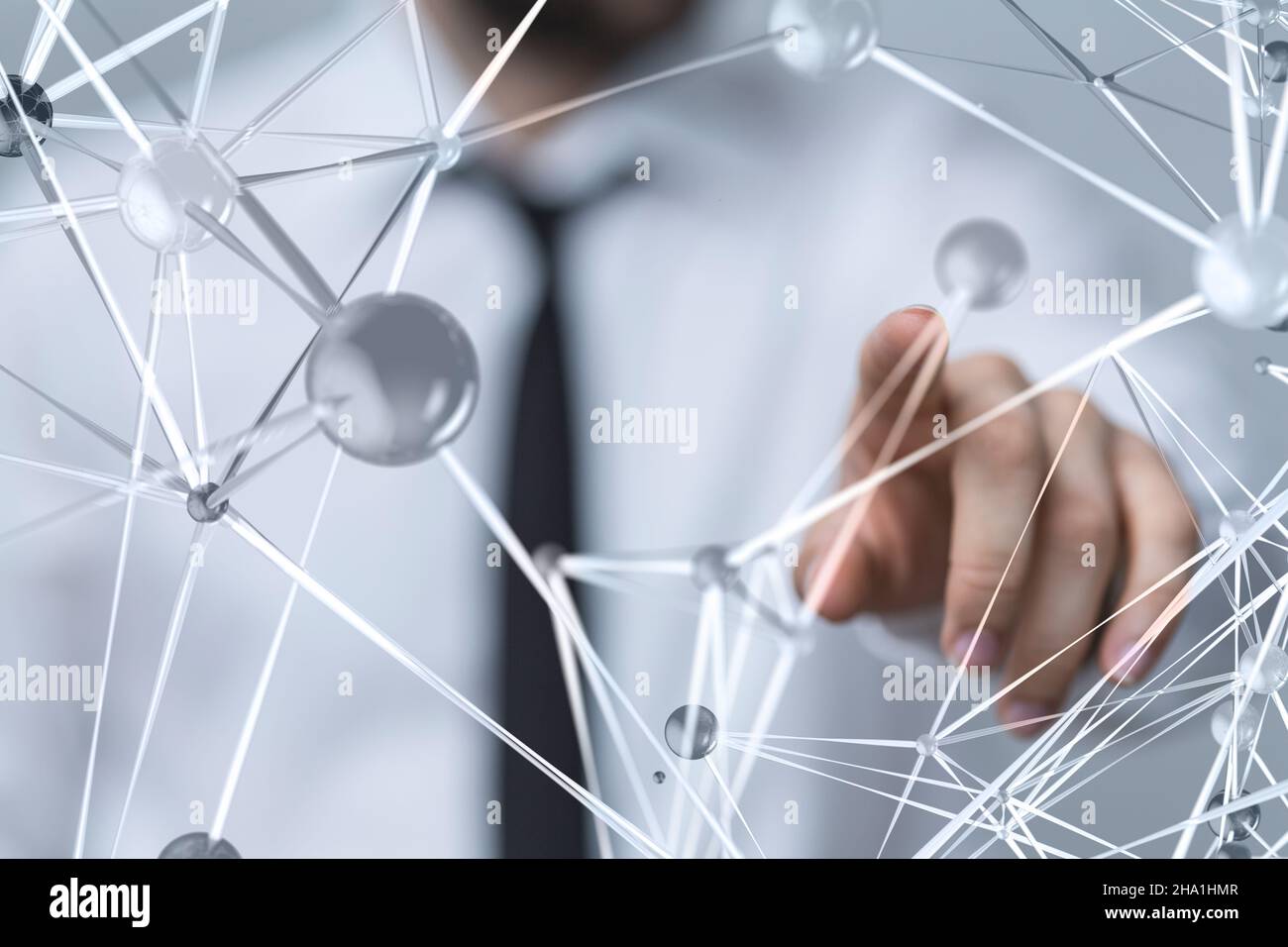 Man tapping on 3d rendered network connection dots and lines Stock ...