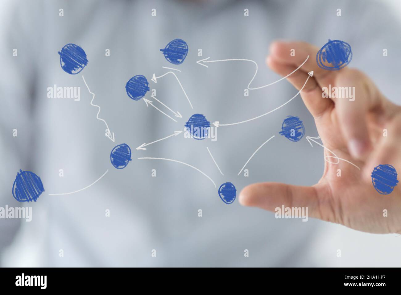 Man tapping on 3d rendered network connection dots and lines Stock ...