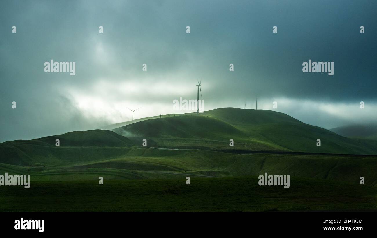 Windmills in the Altamont Pass in Northern California on a foggy day ...