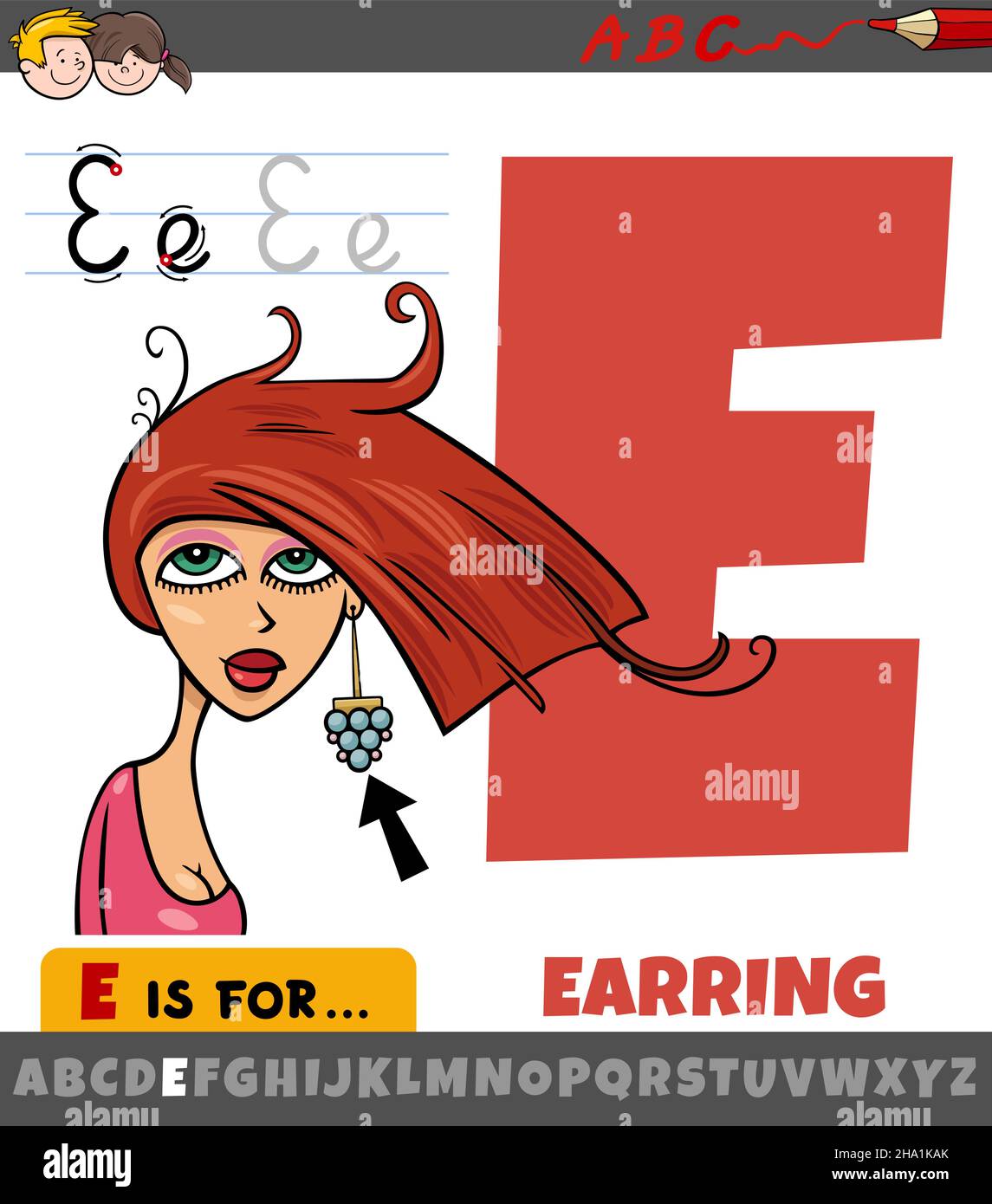 Educational cartoon illustration of letter E from alphabet with earring ...