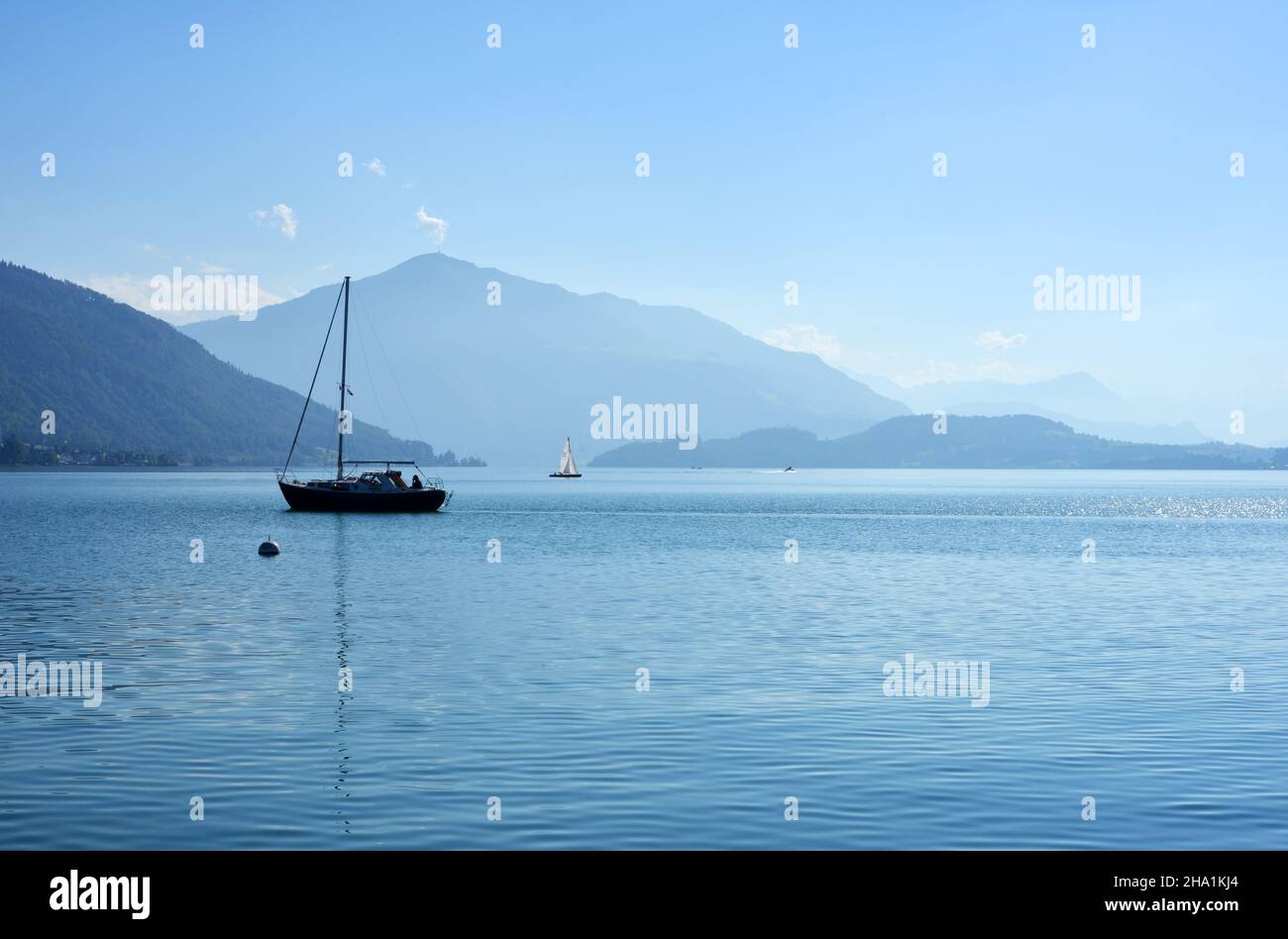 Lake Zug with sail boats and view to the mount Rigi, Switzerland Stock ...