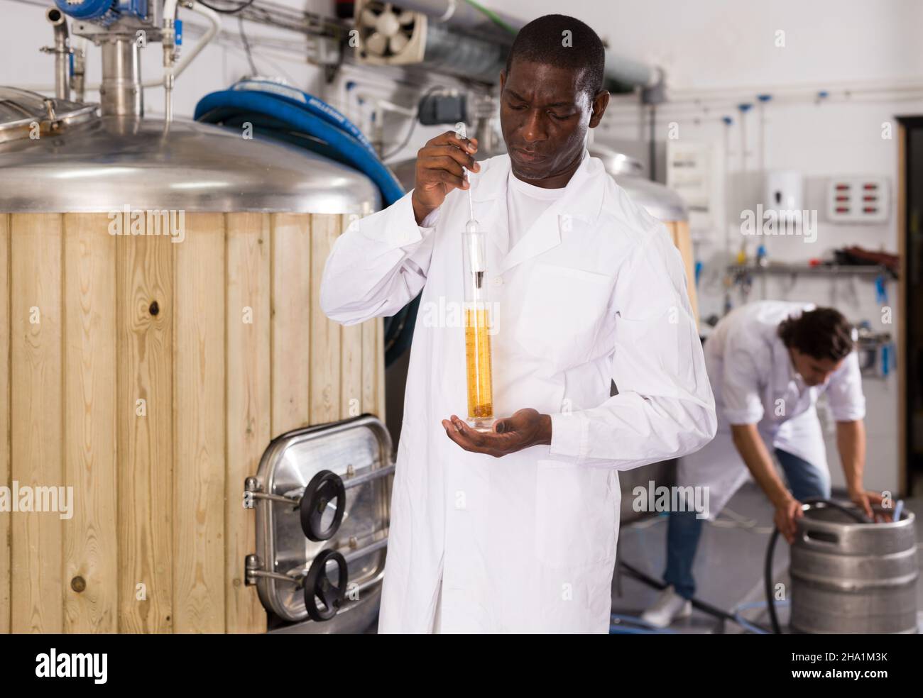 African american man expert with flask for beer and analizying Stock ...