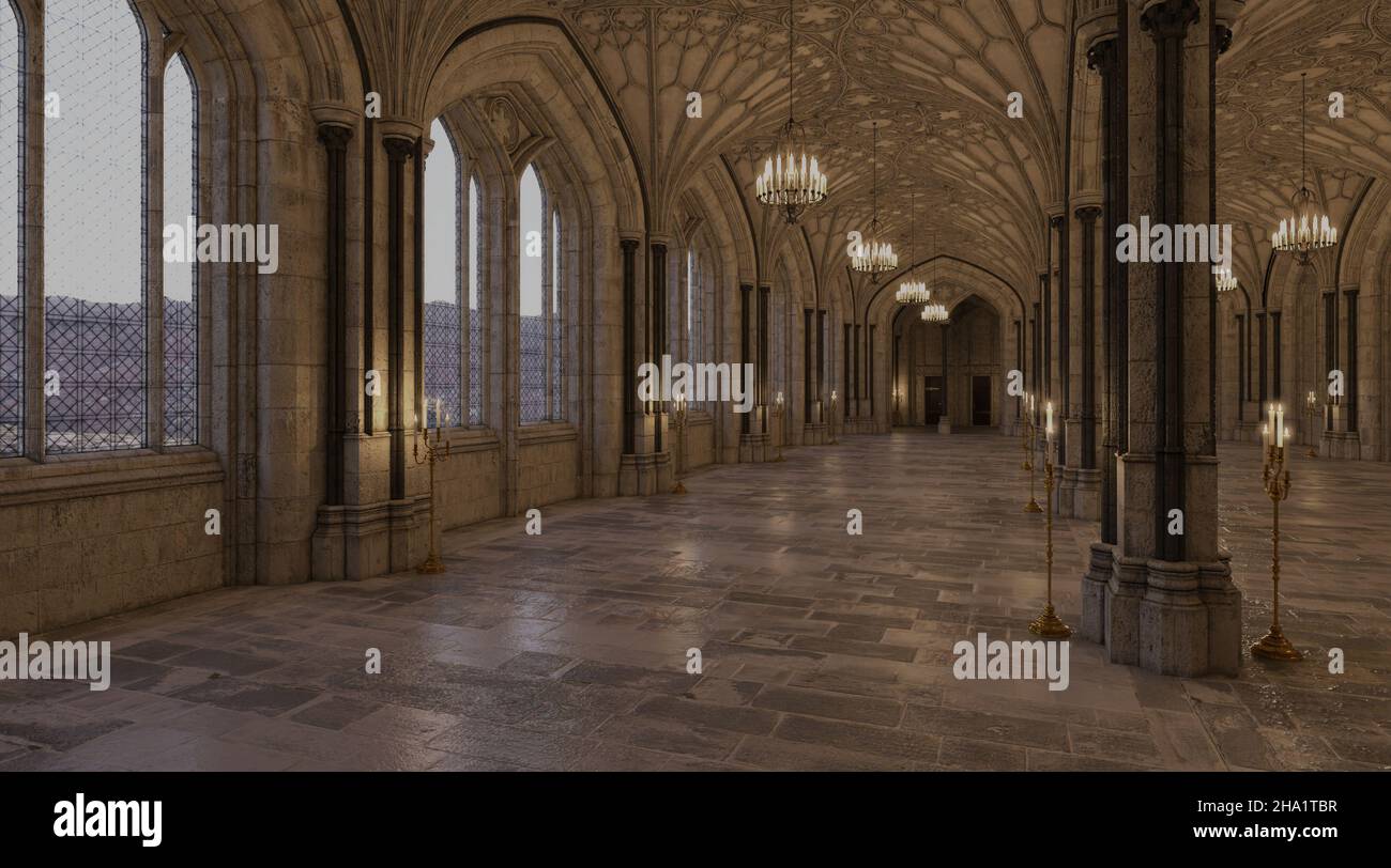 3D illustration fantasy medieval great hall in the castle Stock Photo ...