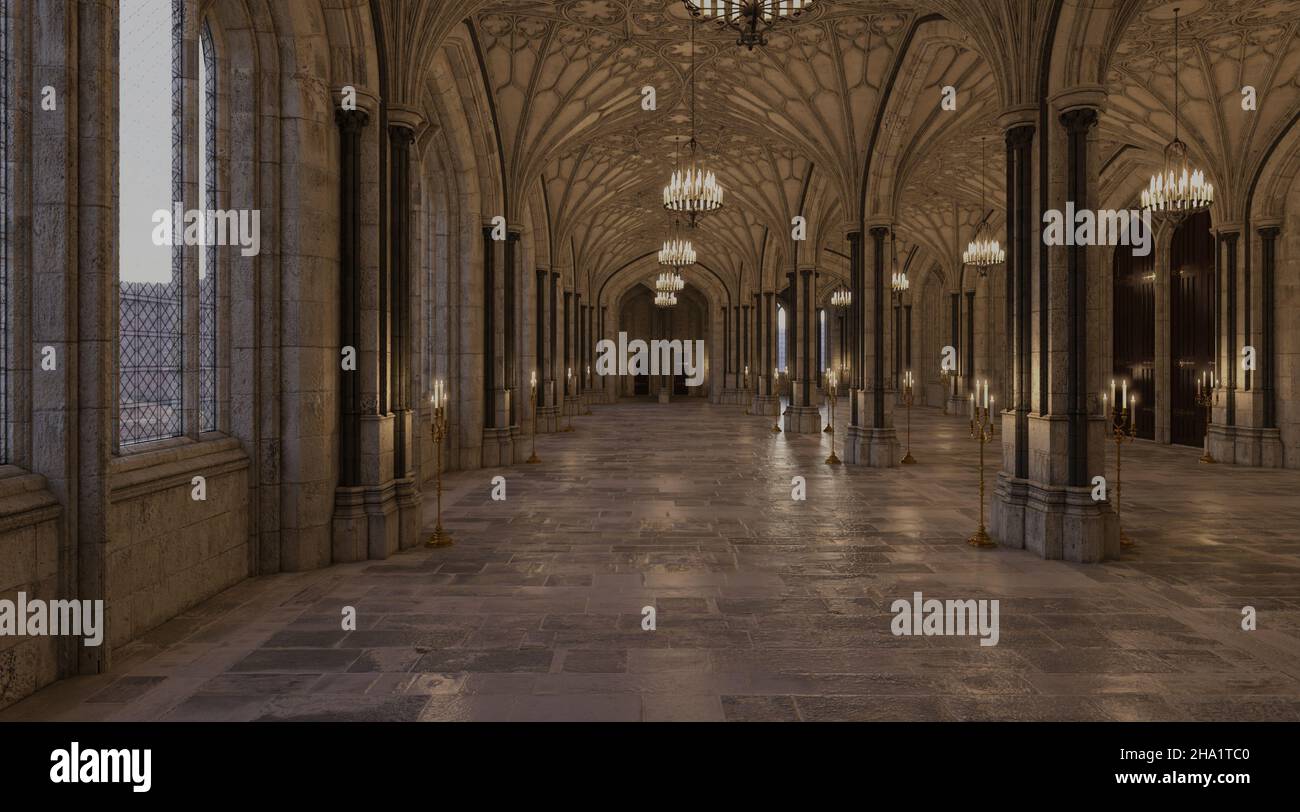 3D illustration fantasy medieval great hall in the castle Stock Photo ...