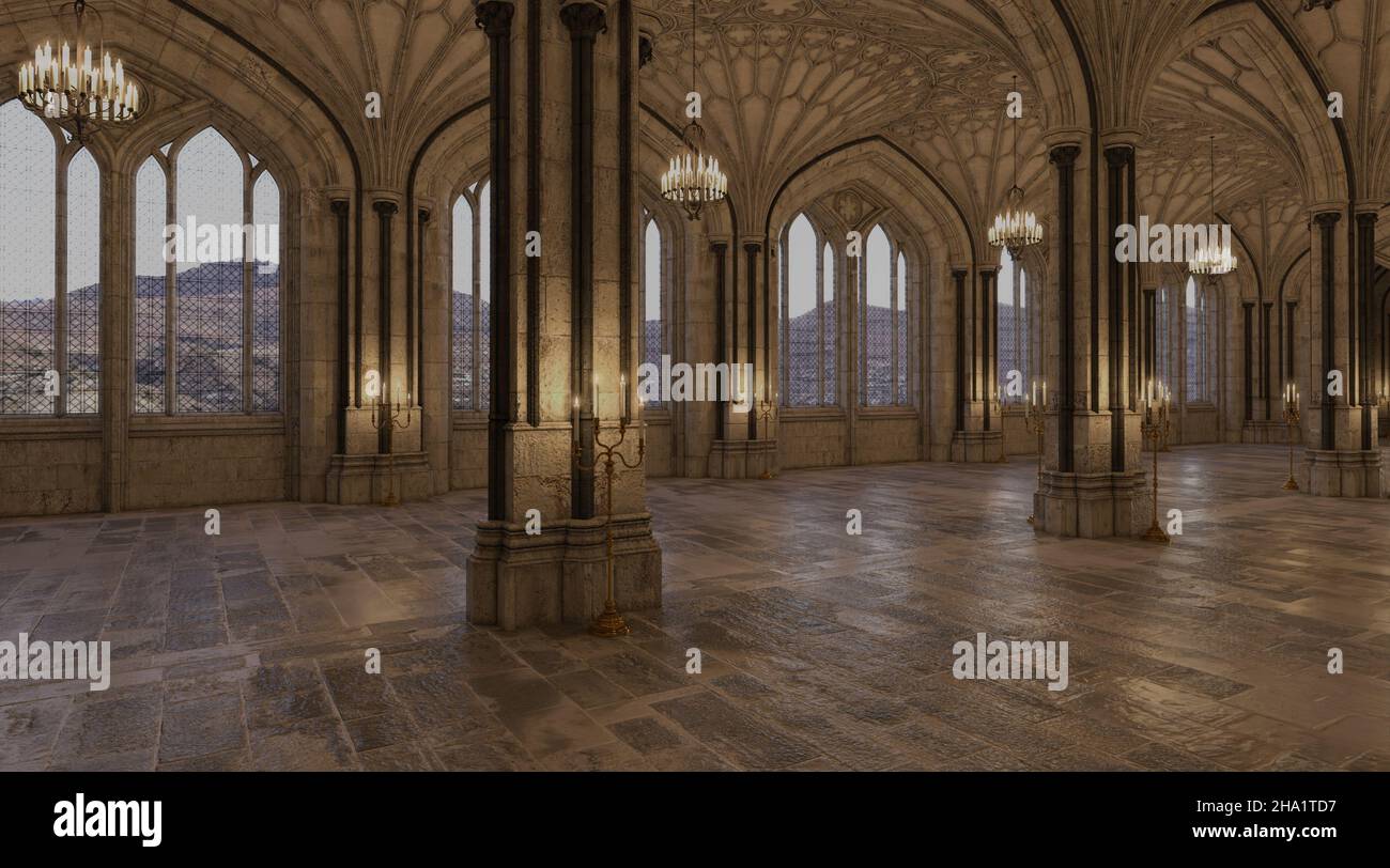 3D illustration fantasy medieval great hall in the castle Stock Photo ...
