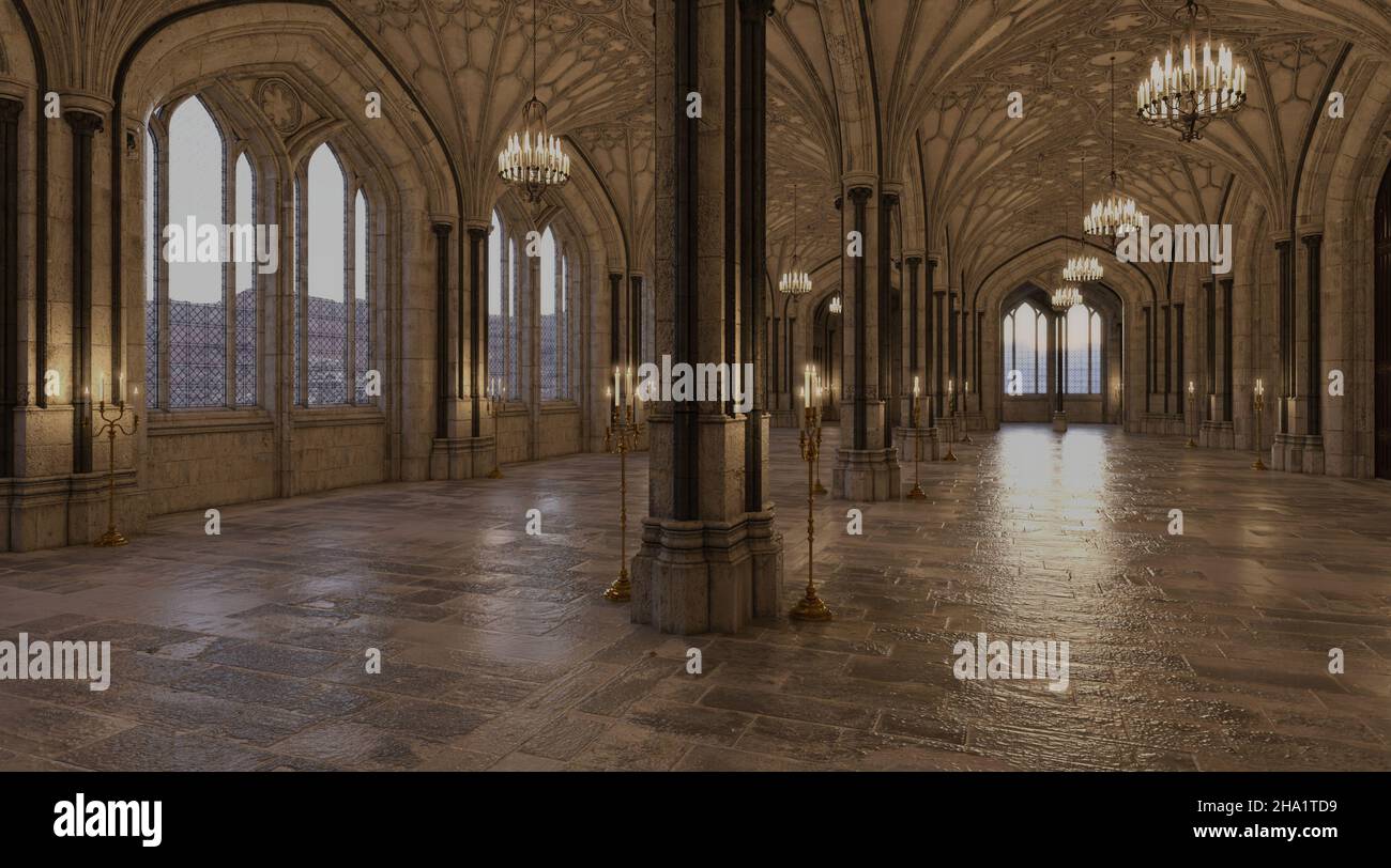 3D illustration fantasy medieval great hall in the castle Stock Photo ...