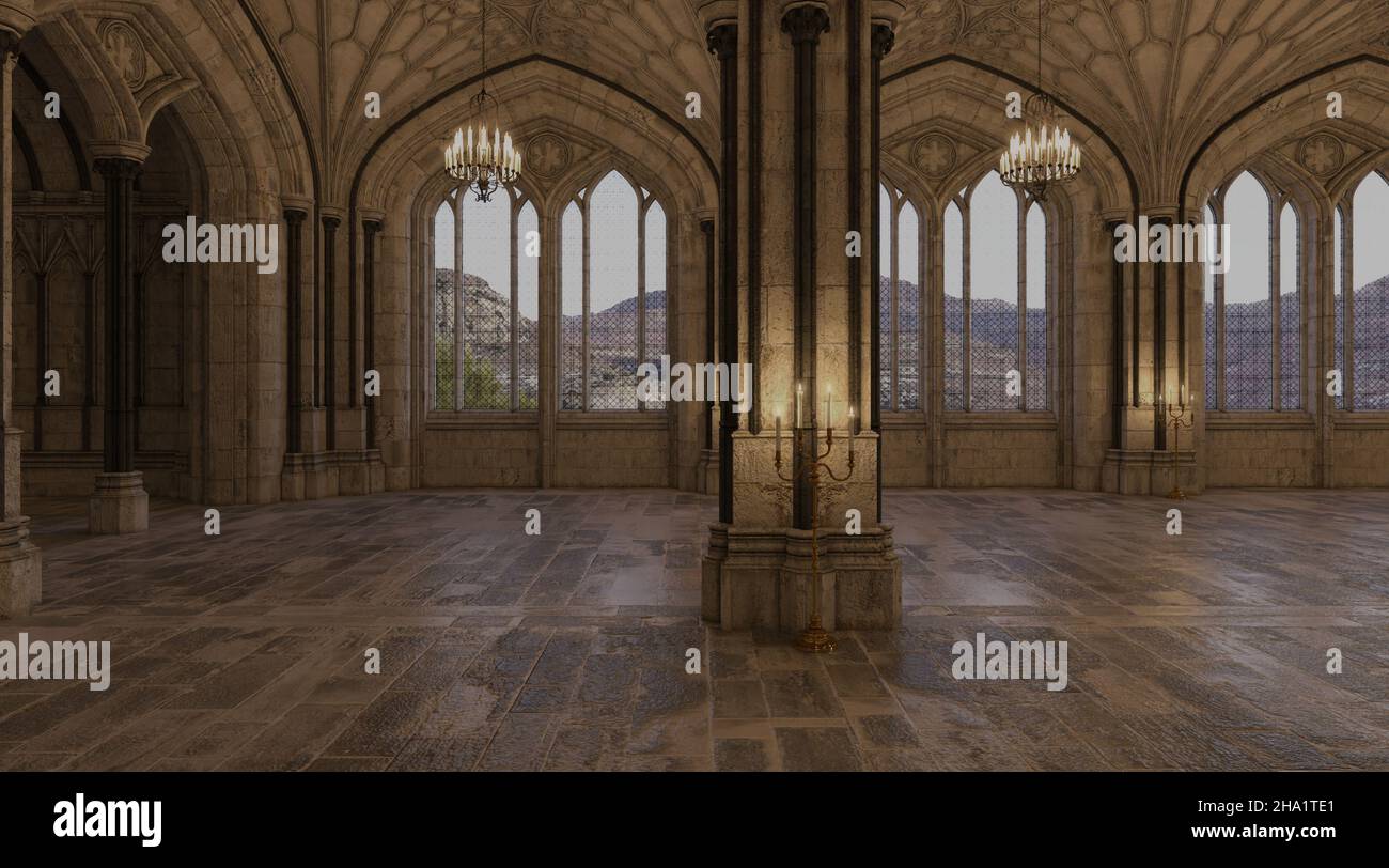3D illustration fantasy medieval great hall in the castle Stock Photo ...