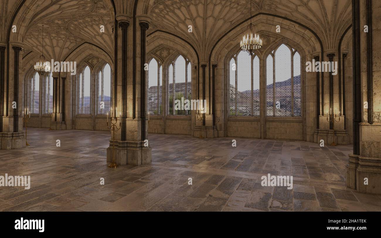 3D illustration fantasy medieval great hall in the castle Stock Photo ...