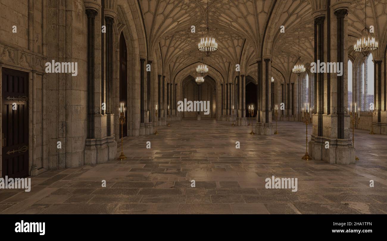 3D illustration fantasy medieval great hall in the castle Stock Photo ...
