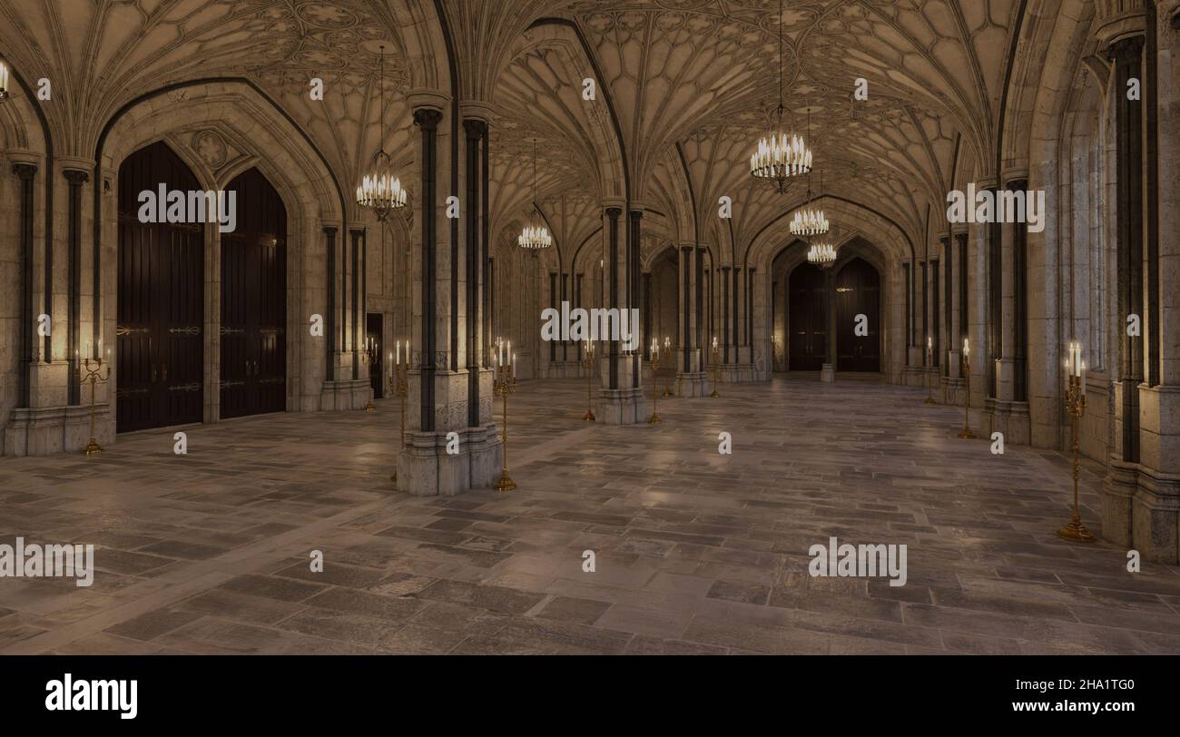 3D illustration fantasy medieval great hall in the castle Stock Photo ...
