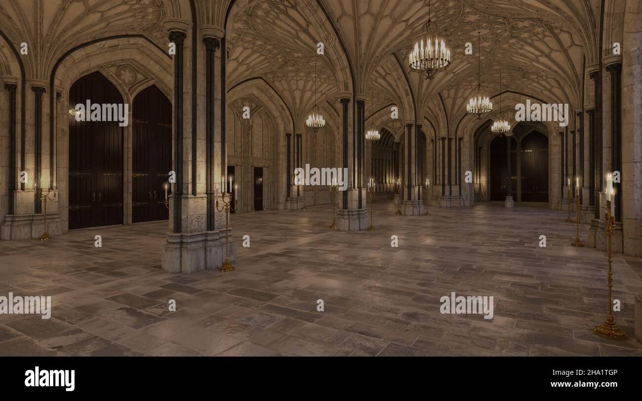 3D illustration fantasy medieval great hall in the castle Stock Photo ...